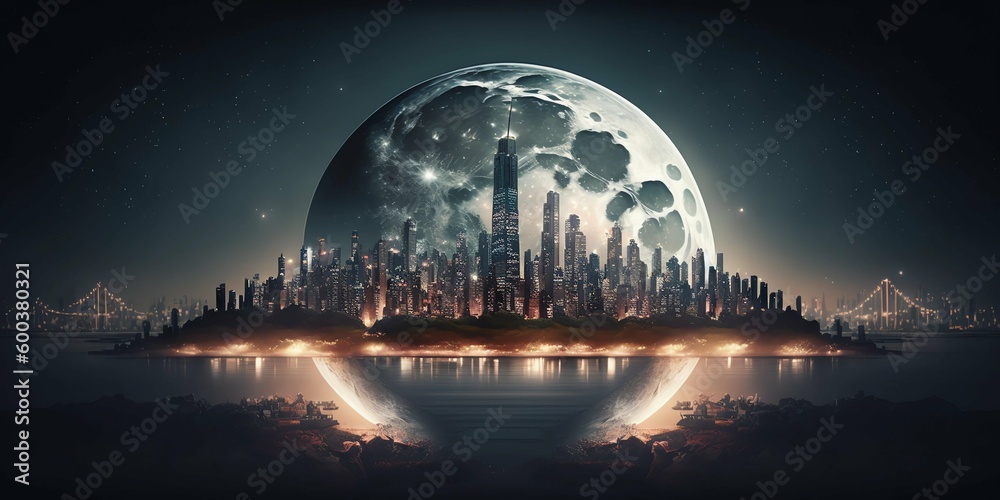Beautiful panoramic view of the city at night with the full moon. New ...