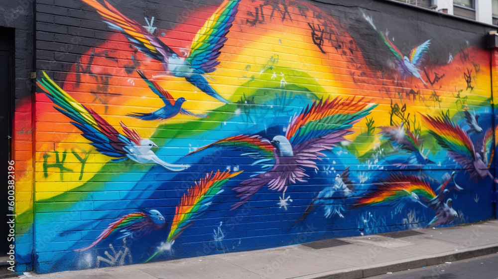 Mural with graffiti. Wall with colors of the LGTBI flag. Colorful mural ...