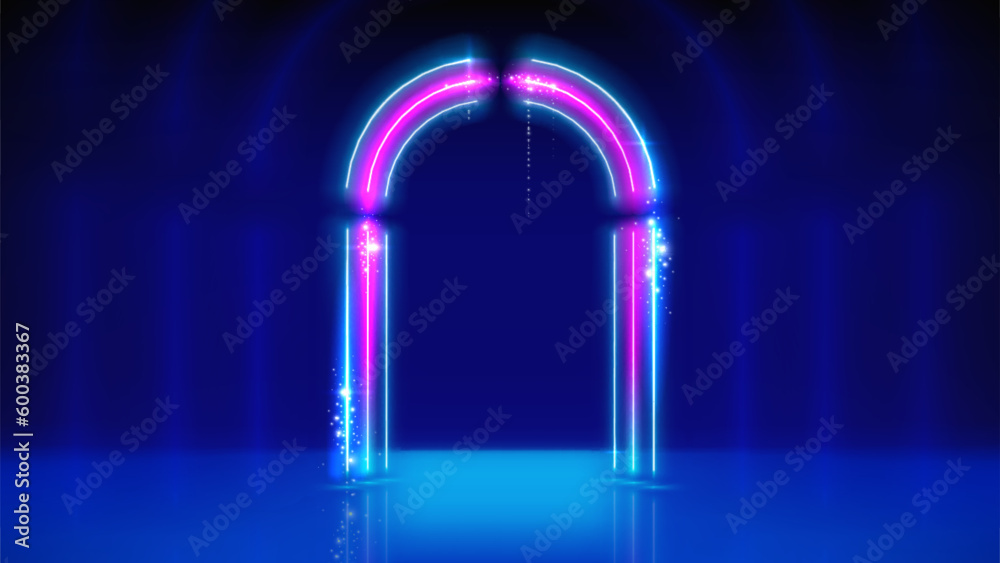 Neon frame, led arch, light lines. Background, backdrop for displaying ...