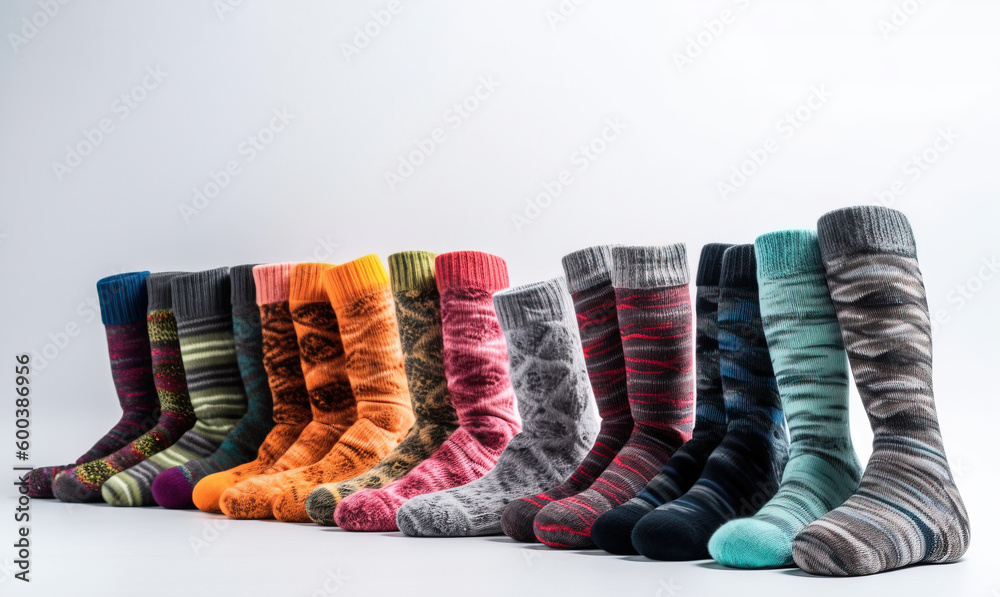 Collection of different patterns of color socks in a row, white ...