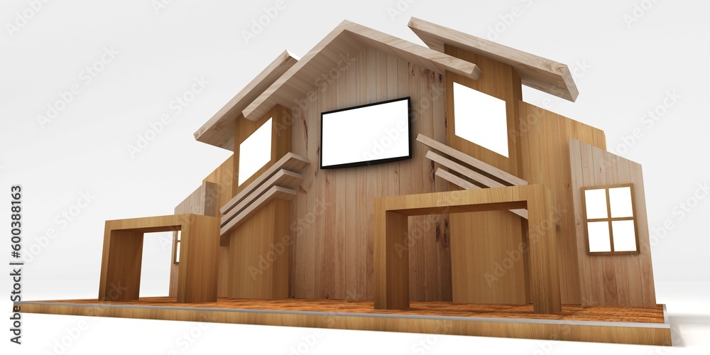 3d illustration stand booth house style decoration with stage flooring ...