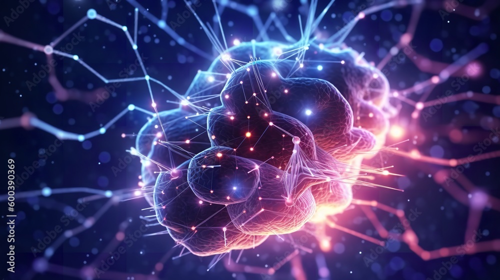 Fictitious glowing brain background with neural links network, artificial intelligence neuronal ...