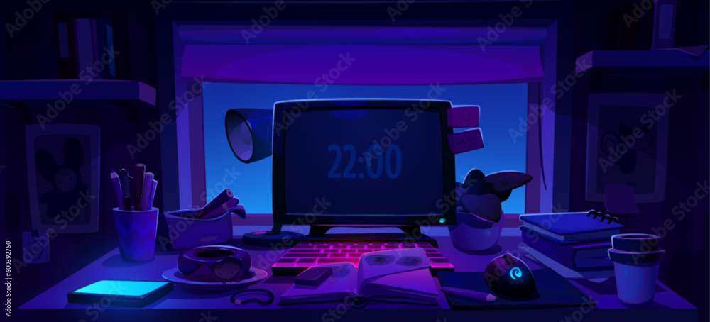 Home office workplace desk near window at night. Table workplace in ...