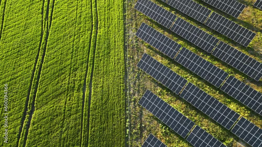 An aerial view of solar panels set amidst a desert landscape. The ...