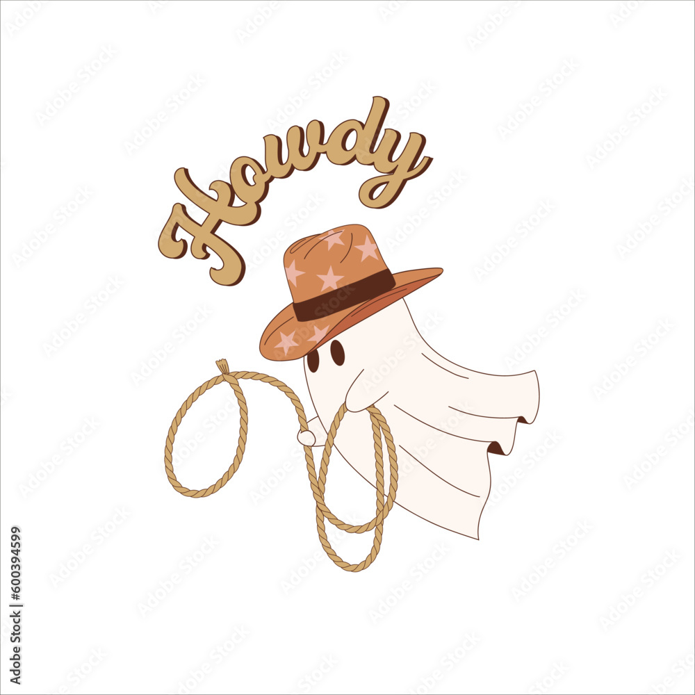 Halloween cute cowboy ghost rodeo retro illustration isolated on white ...