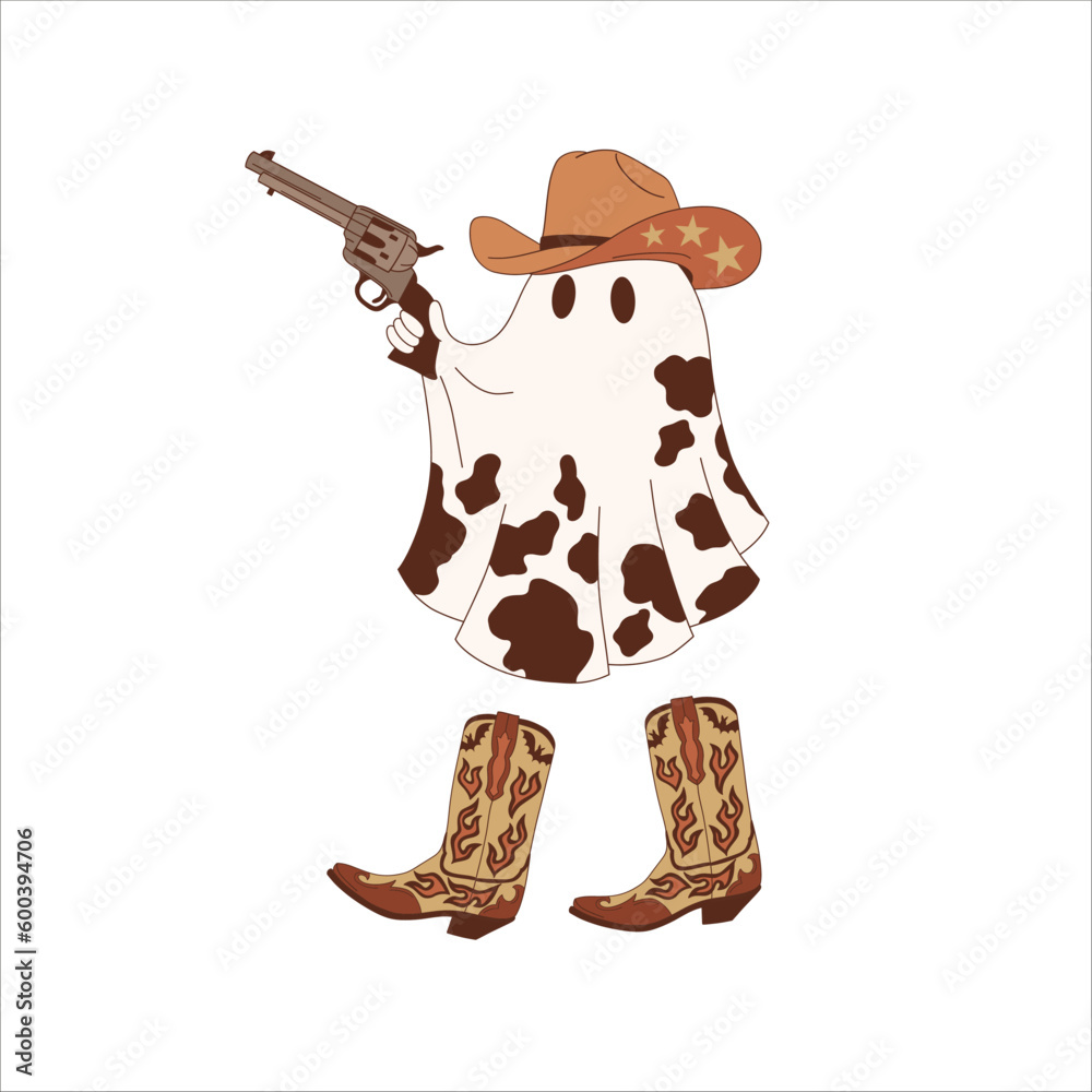 Halloween cute cowboy ghost with gun retro illustration isolated on ...