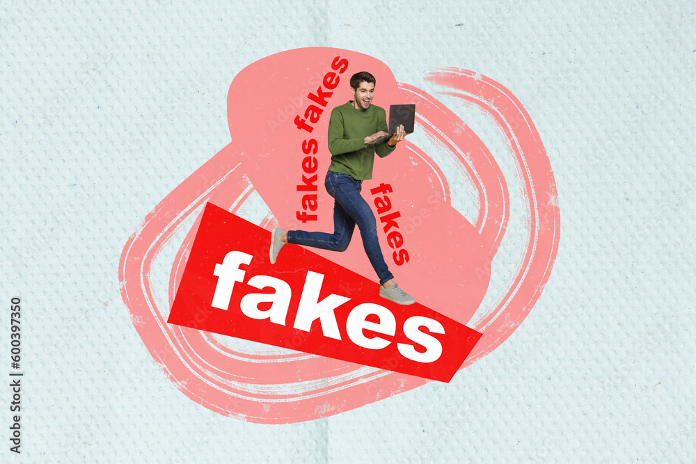 Collage photo of funny young man run with laptop hypnotized fakes press ...