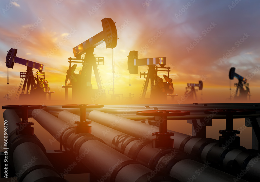 Oil background. Pipes near oil pumps. Extraction and transportation of ...