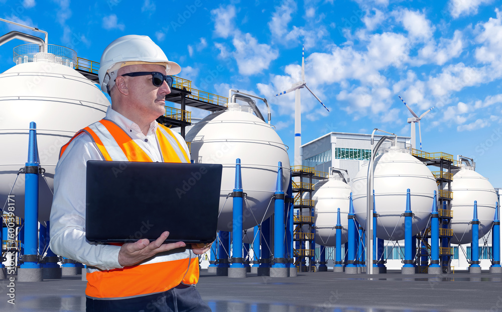 Fuel factory worker. Man engineer with laptop. Guy near spherical tanks ...