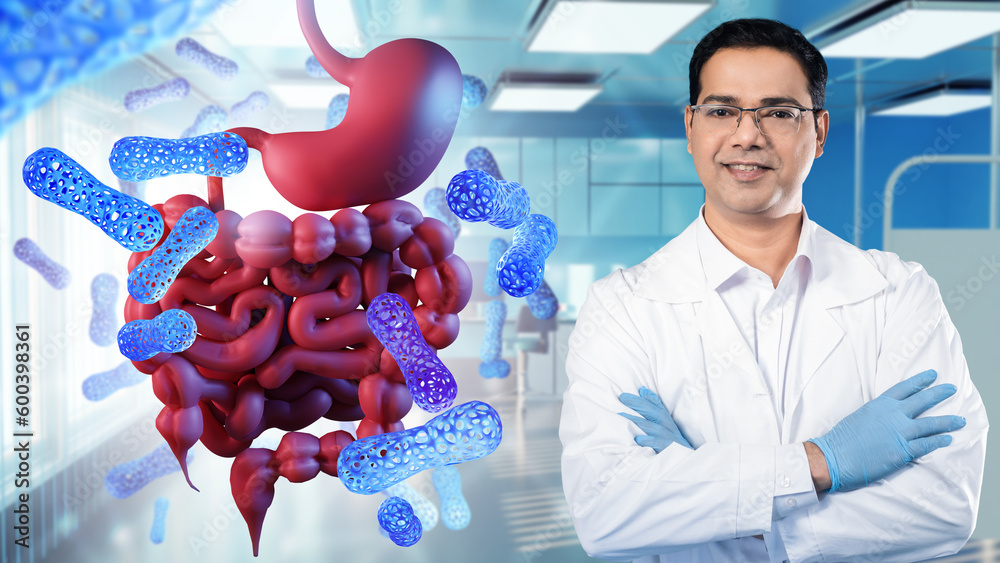 Man gastroenterologist. Microbiota of stomach. Doctor man stands with ...