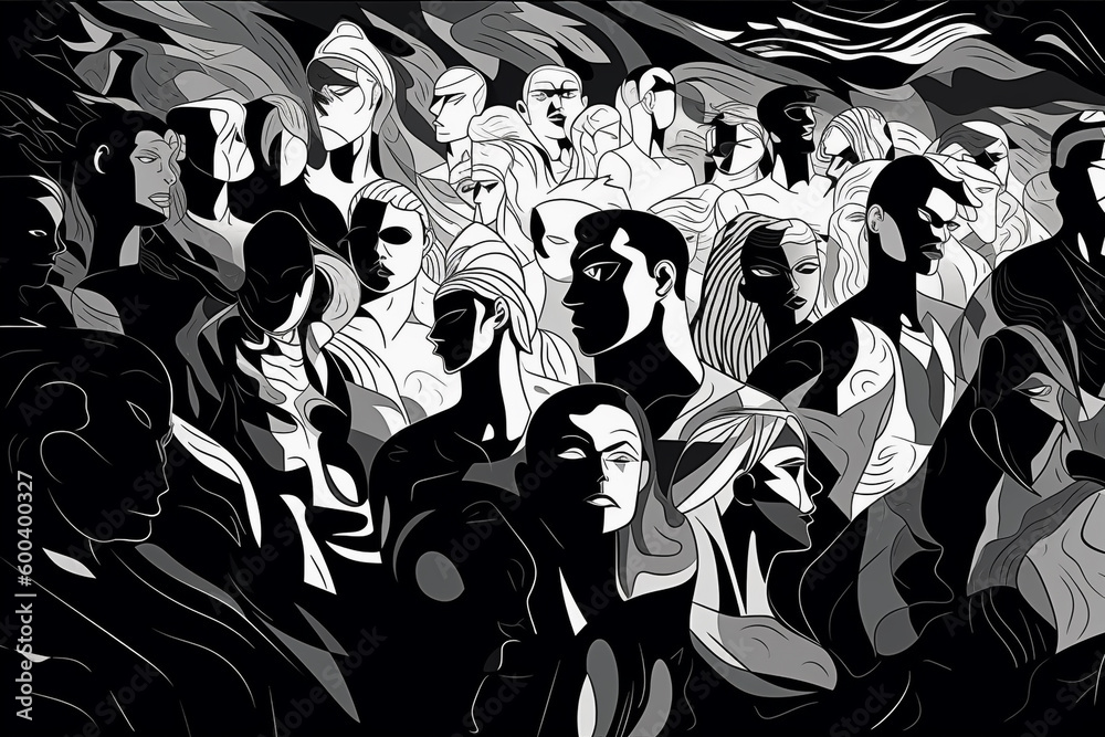 Abstract group of crowded people black and white illustration. Mob of ...