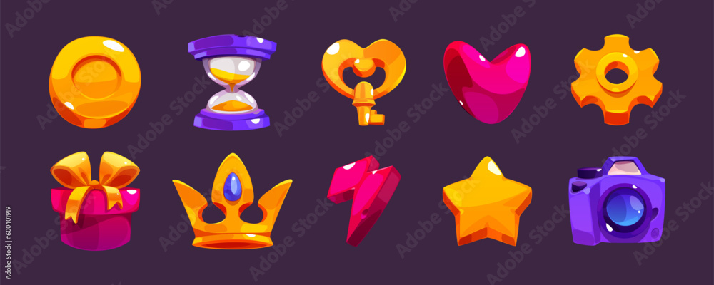 Cartoon game interface icon with crown and key. Vector gold element set ...