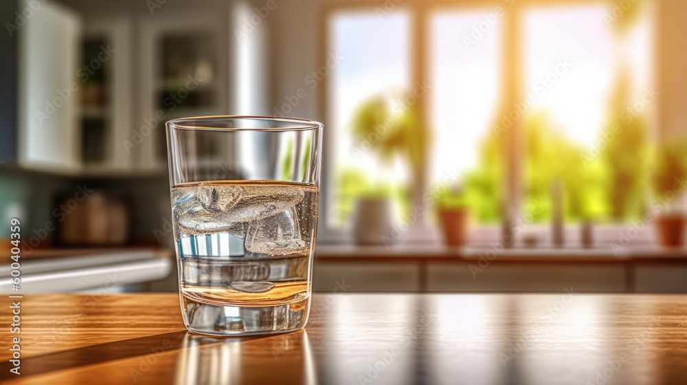 Refreshing Glass of Water on Kitchen Background, Natural Light Illuminating Scene, 16:9 Aspect ...