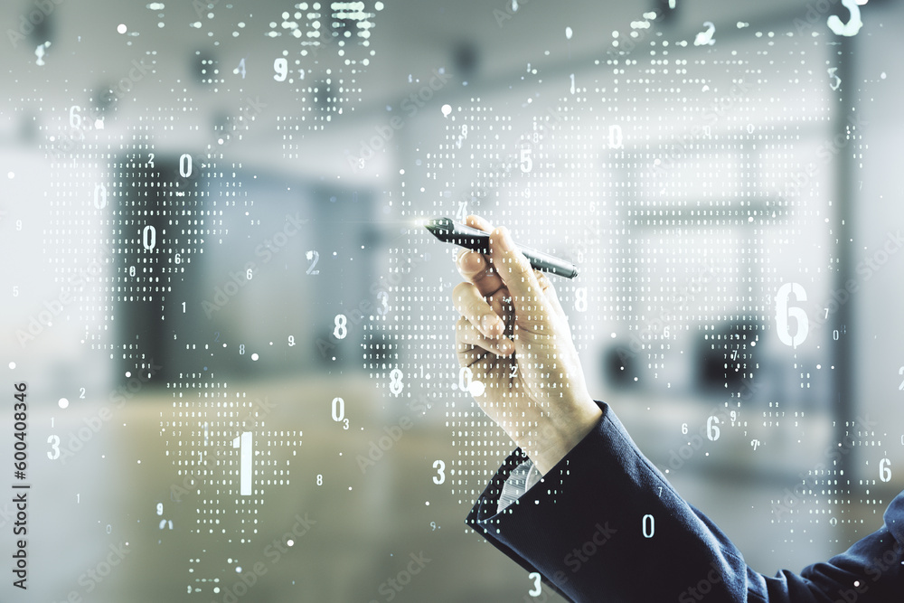 Male hand with pen working with abstract virtual coding illustration ...