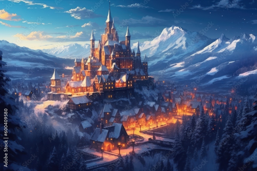 Amazing anime style cityscape. Medieval village. Beautiful illustration ...