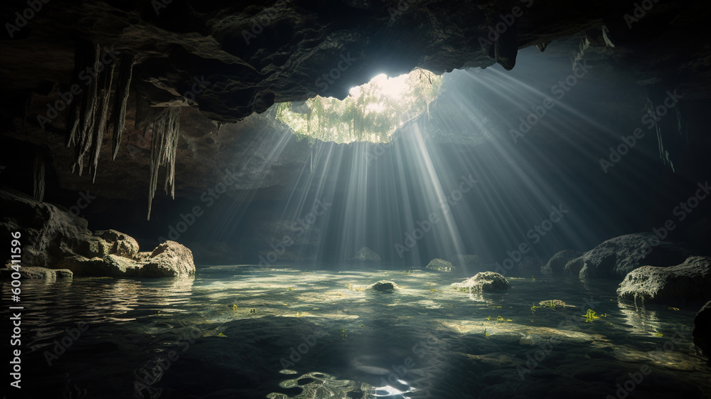 Sunlight Beams in Underwater Cenote Cave, Cavediving Exploration and ...