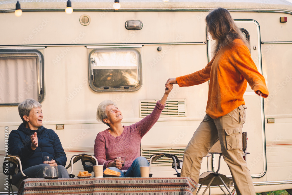 family tour tourism on adventure camping vacation trip with camper van ...