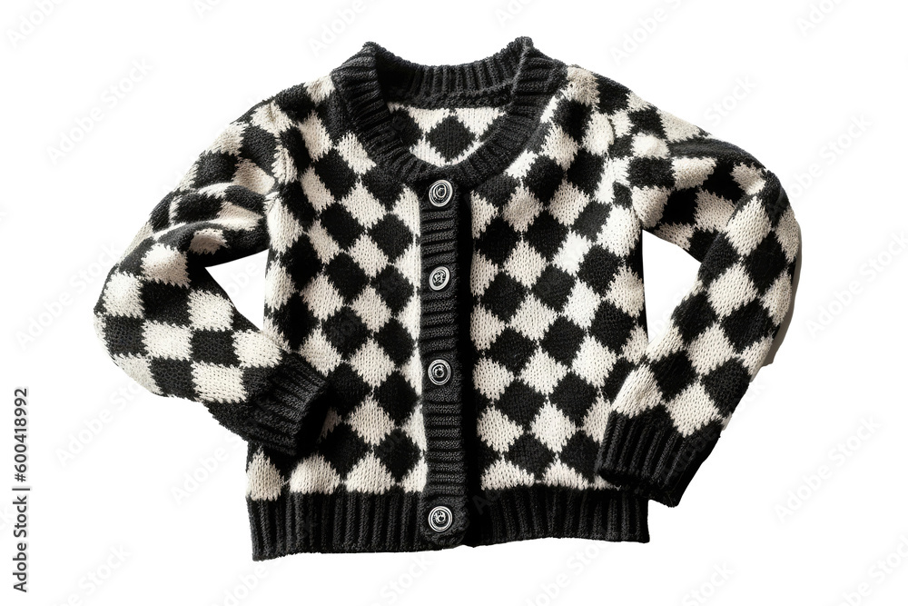 Black And White Checkered Cardigan For Girl. On Isolated Transparent ...