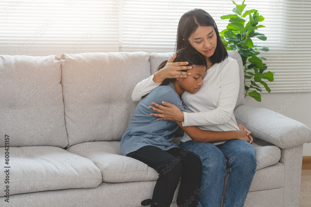 mother and child relation concept, Anxiety young girl to be comforted ...
