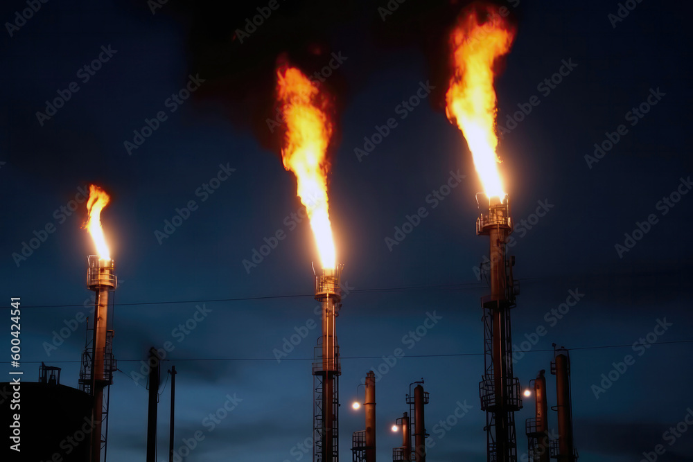 Oil Refinery Flare Stacks, Combustion Byproducts. Generative AI Stock ...