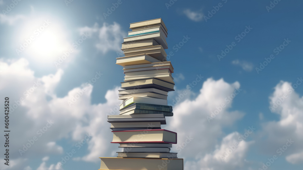 Abstract book stack with ladder on sky with clouds background. Ladder ...