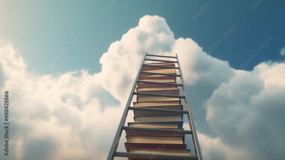 Abstract book stack with ladder on sky with clouds background. Ladder ...