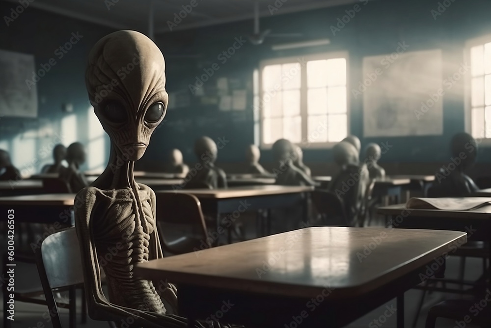Alien at school is looking at camera. Student sits at desk in classroom ...