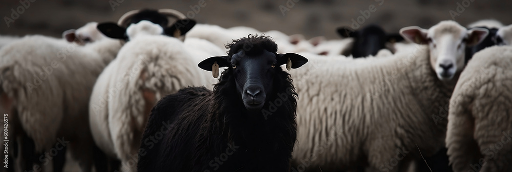 Horizontal banner. Black sheep in flock of sheep with white wool. Herd ...