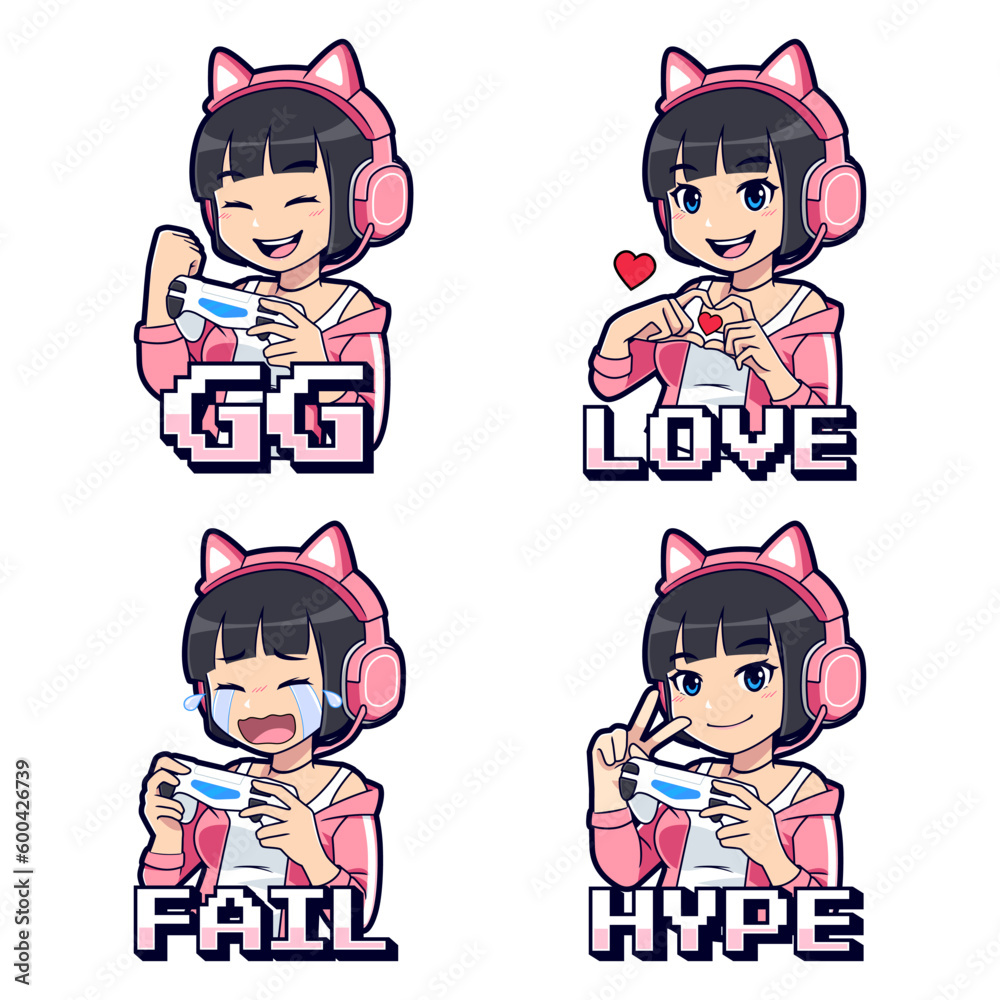 Cute pink streamer gamer girl twitch emotes and badges set Stock Vector ...