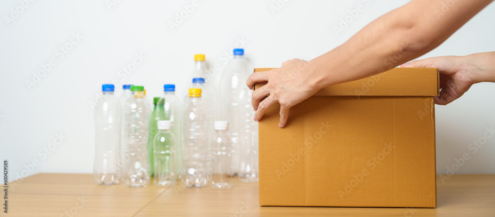Volunteer keep plastic bottle into paper box at home or office. Hand Sorting Recycle garbage ...