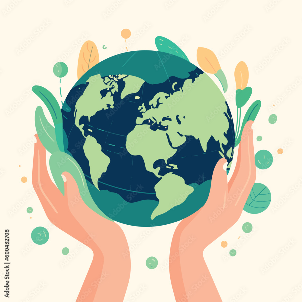 Hands holding a green globe, earth. Earth day concept. Earth day vector illustration for poster ...