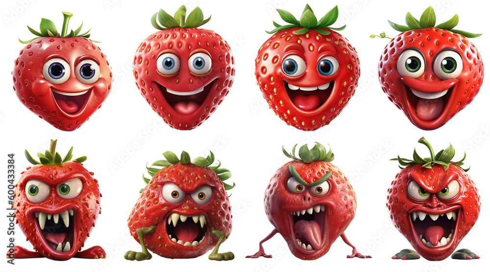Illustrations of smiling and angry strawberries cartoon on a ...