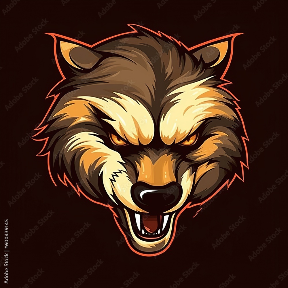 An angry wolverine head on a black background, a brown and orange ...