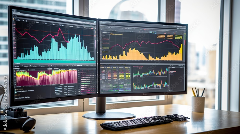 Corporate dashboard computer office. Marketing technology. Stock market ...