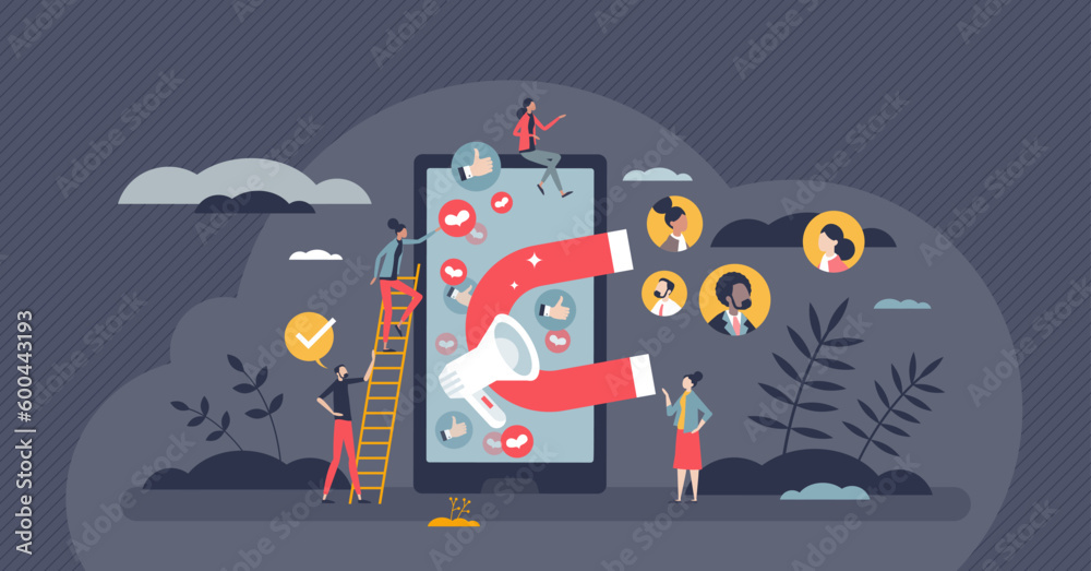 Customer engagement with social media ads and posts tiny person concept ...