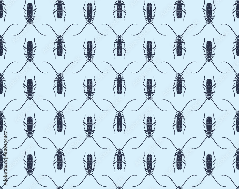 Seamless pattern with Alpine barbel beetles isolated on a blue ...