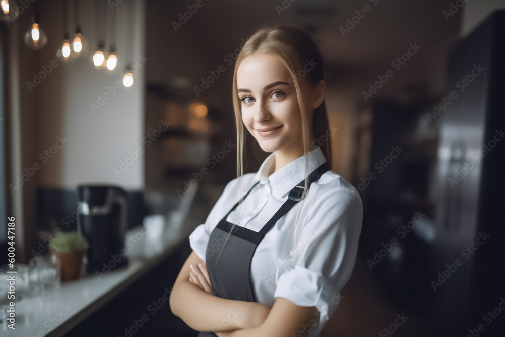 A beautiful international blonde maid stands proudly in front of a ...