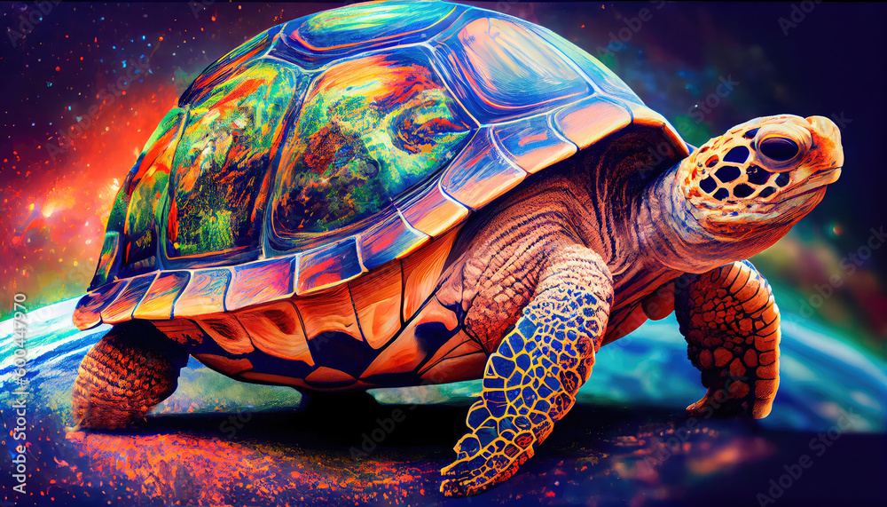 Giant space turtle carrying earth on its back is wandering in space ...
