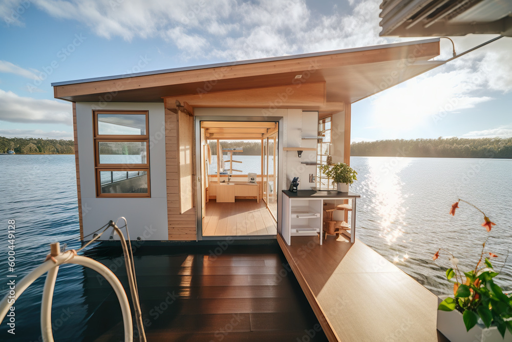 A houseboat with a bathroom on the deck. AI generative. Tiny house ...