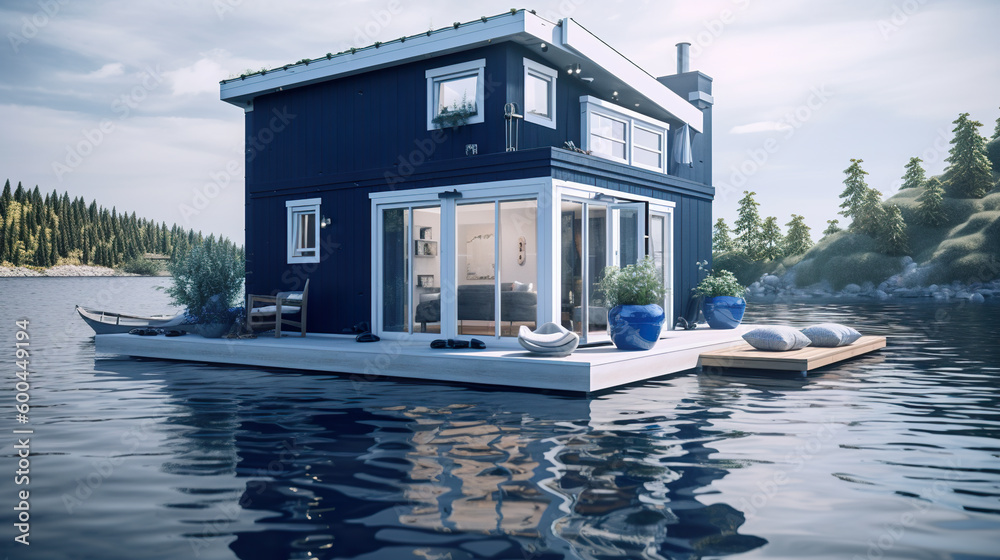 A houseboat floating on top of a body of water. AI generative. Tiny ...
