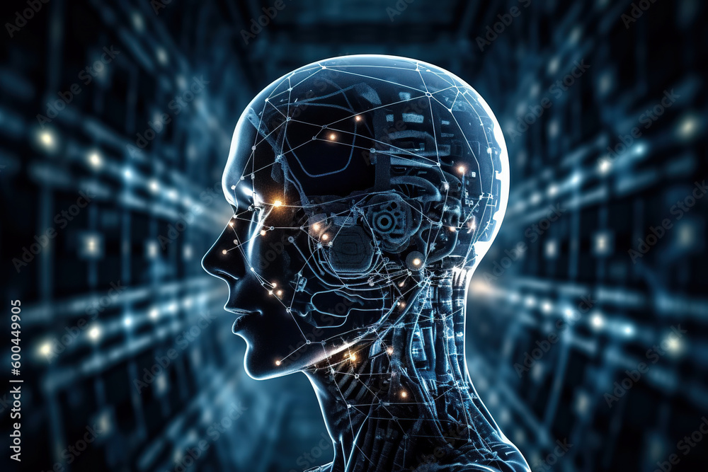 Side view of Generative AI image of artificial intelligence as android ...