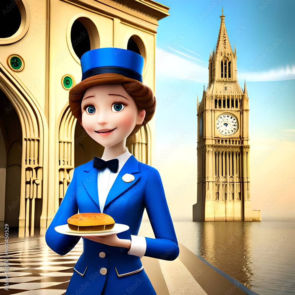 cute 3d waitress in blue coat with blue hat bringing food generative Ai ...