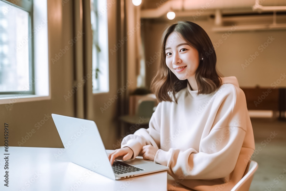 Office Working Girl, Pretty and Cute Asian Smile is sitting in front of ...