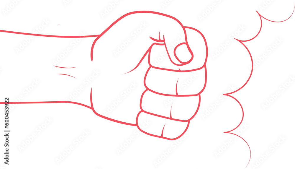 Isolated red outline illustration of hand gesture, fist punching up ...