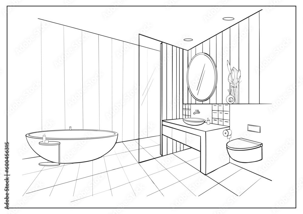Sketch modern bathroom interior design. Vector outline drawing washroom, shower cabin, bathtub ...