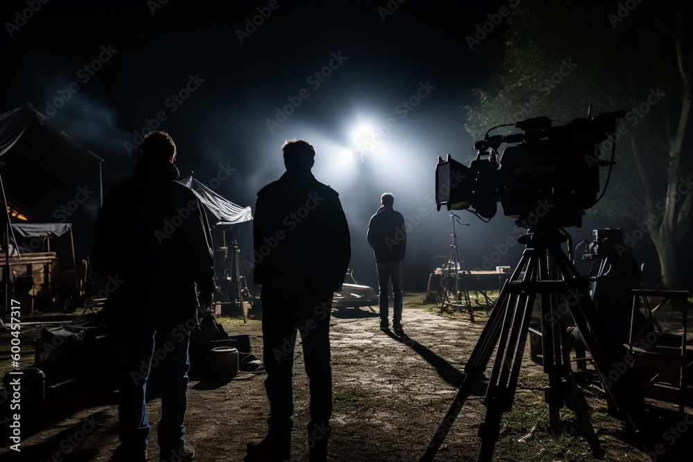 Behind the Scenes, outdoor movie production set, cameras, equipment ...