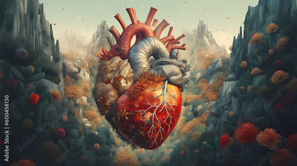 Human heart represented as a surreal and dreamlike landscape, composed ...