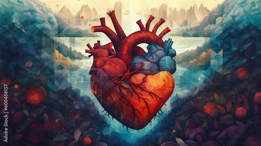 Human heart represented as a surreal and dreamlike landscape, composed ...