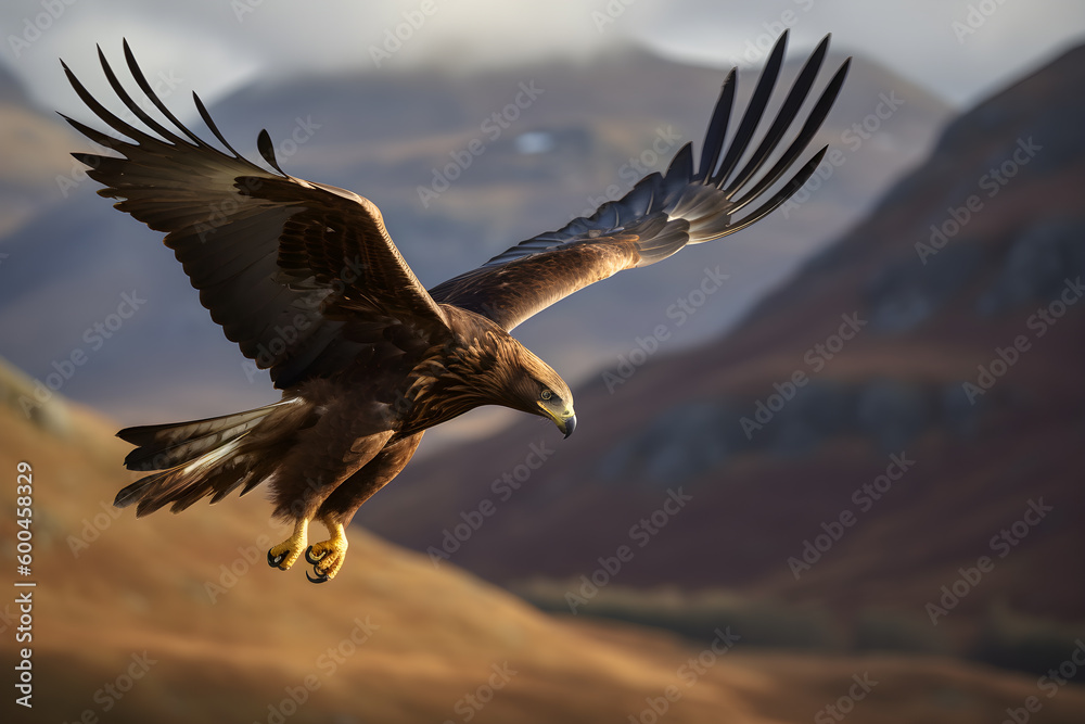 Golden Eagle in flight over a landscape. The eagle is captured mid ...