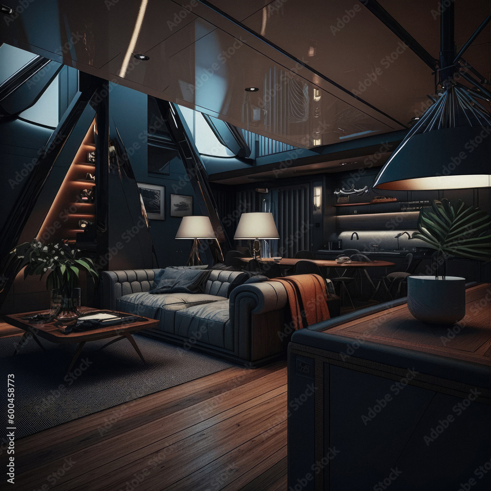 sailing yacht interior scene of a lounge area. Yacht interior design ...